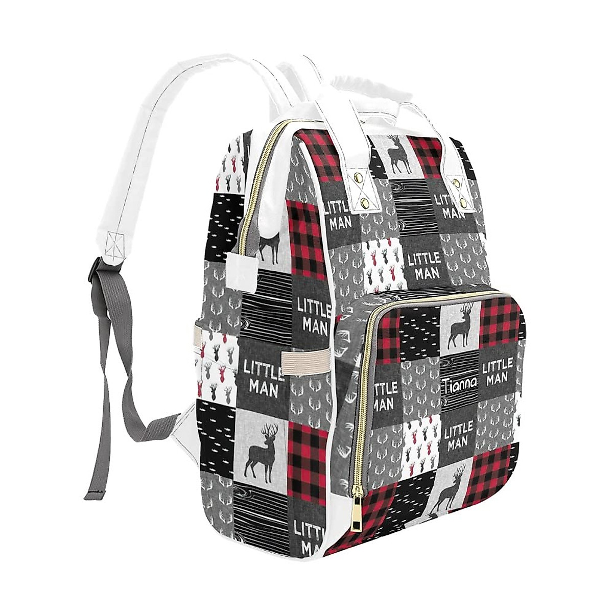 XOZOTY Antler Little Man Red Woodland Plaid Diaper Bags with Name Waterproof Mummy Backpack Nappy Nursing Baby Bags Gifts Tote Bag for Women