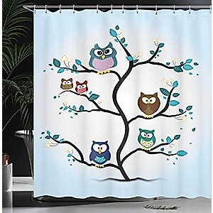Ambesonne Owl Shower Curtain, Owl Family Perched a Tree Love Grace Nocturnal Eyed Night Animals in The Nature Print, Cloth Fabric Bathroom Decor Set with Hooks, 69" W x 84" L, Multicolor