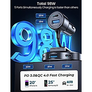 MOKPR 5 Multi USB Car Charger, 98W Fast Car Charger Adapter for Multiple Devices, PD & QC3.0 Cigarette Lighter Adapter Car Cell Phone Charger with 5FT Cable for iPhone 14/13 iPad Samsung Android