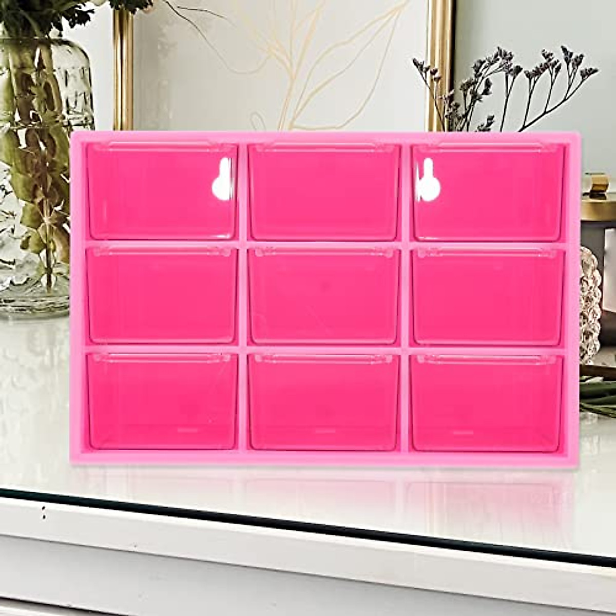 Didiseaon Plastic 3- Layer 9- Drawer Jewelry Box, Compact Storage Organization Drawers Set for Cosmetics, Hair Care, Bathroom, Office, Dorm, Desk, Countertop, 7“X4.6X3.81, Rosy