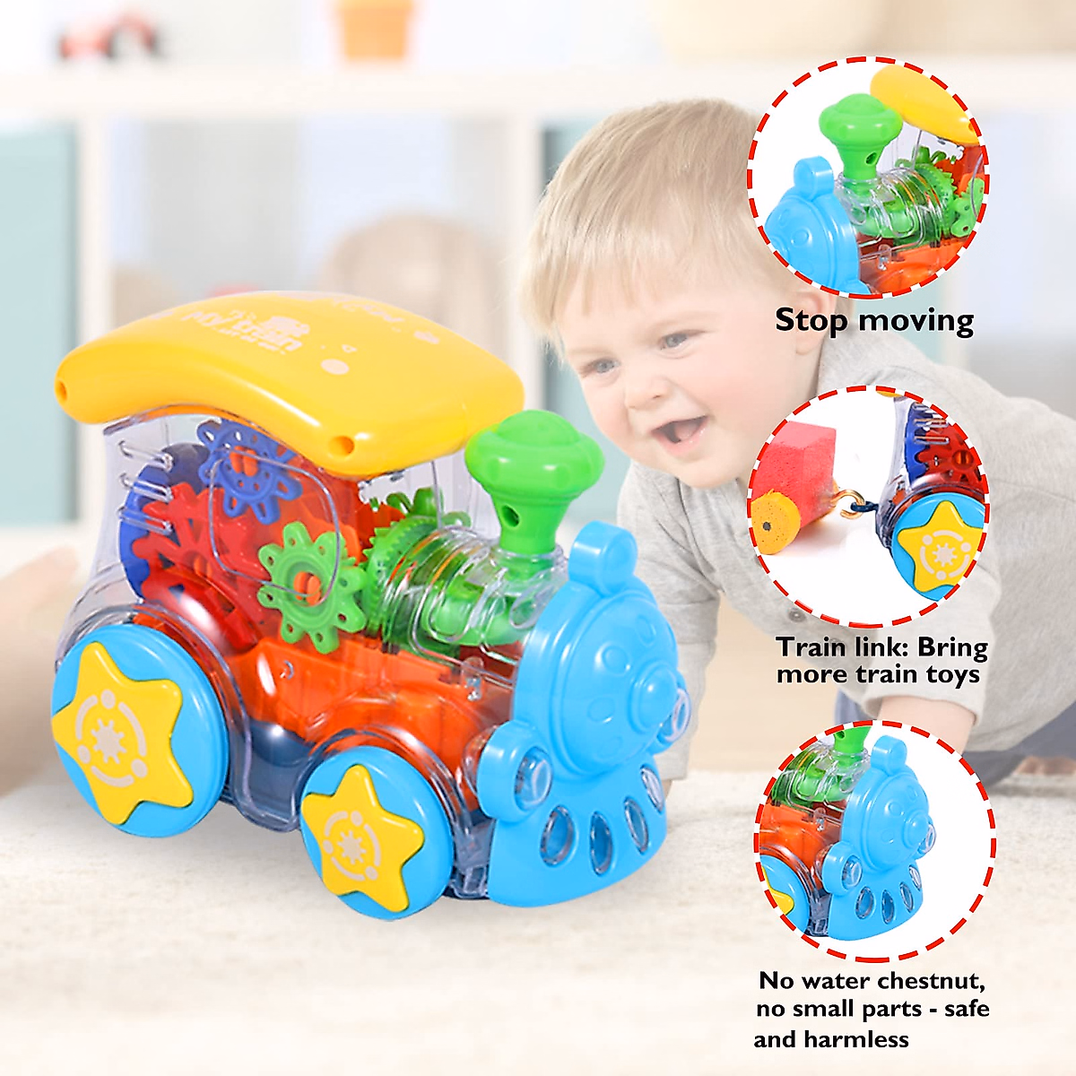 dmsbuy Baby Musical Toys Crawling Train: Tummy Time Interactive Learning Development Crawl Toy with LED Light Up for Boys Girls Automatically Avoid Obstacles 3+ Year Old