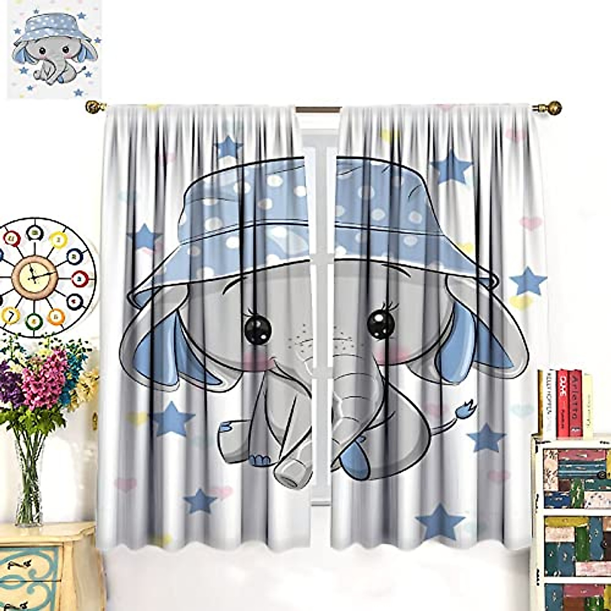 Denruny Cartoon Cute Elephant Curtain Nursery Baby Elephant with Blue Hat Windows Drapes for Nursery Room Kids Room Gifts for Boys and Girls Rod Pocket 2 Panels 63L x 21W