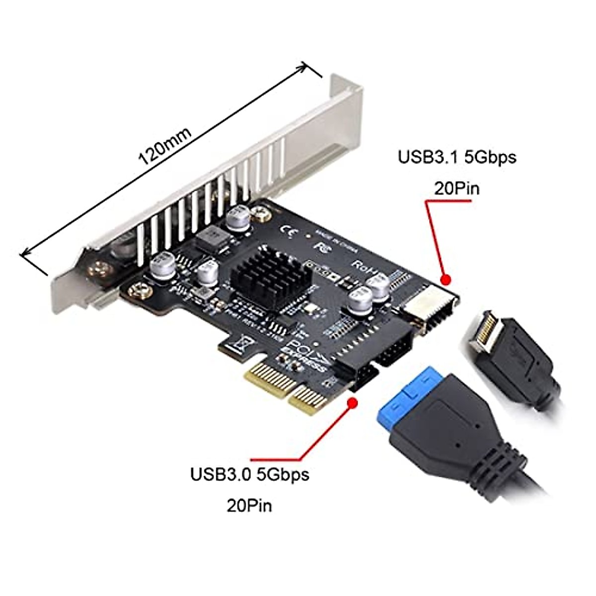 ChenYang USB 3.0 20Pin ＆ USB 3.1 Gen 1 Type-E Front Panel Socket to PCI-E 1X PCI Express Expansion Card Adapter