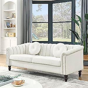 FULife 72" Velvet Upholstered Loveseat Tufted Futon Sofa,Chesterfield Accent 3 Seaters Sofá Couch with Nail Arms&2 pillows for Living Bedroom/Apartment/Office/Studio/Bonus Room/Compact Places, Beige