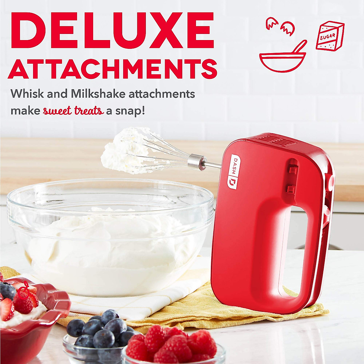 Dash SmartStore™ Deluxe Compact Electric Hand Mixer + Whisk and Milkshake Attachment for Whipping, Mixing Cookies, Brownies, Cakes, Dough, Batters, Meringues & More, 3 Speed, 150-Watt – Red