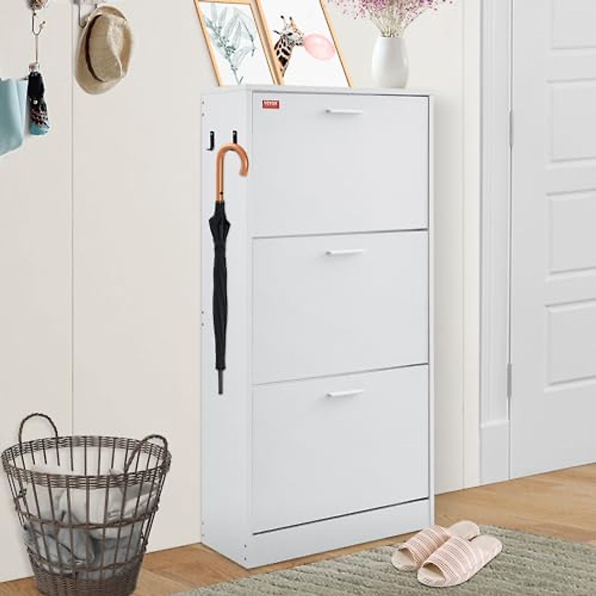 VEVOR Shoe Cabinet with 3 Flip Drawers, Shoe Storage Cabinet for Entryway, Free Standing Shoe Storage Organizer with Side Hooks for Heels, Boots, Slippers in Hallway, Living Room