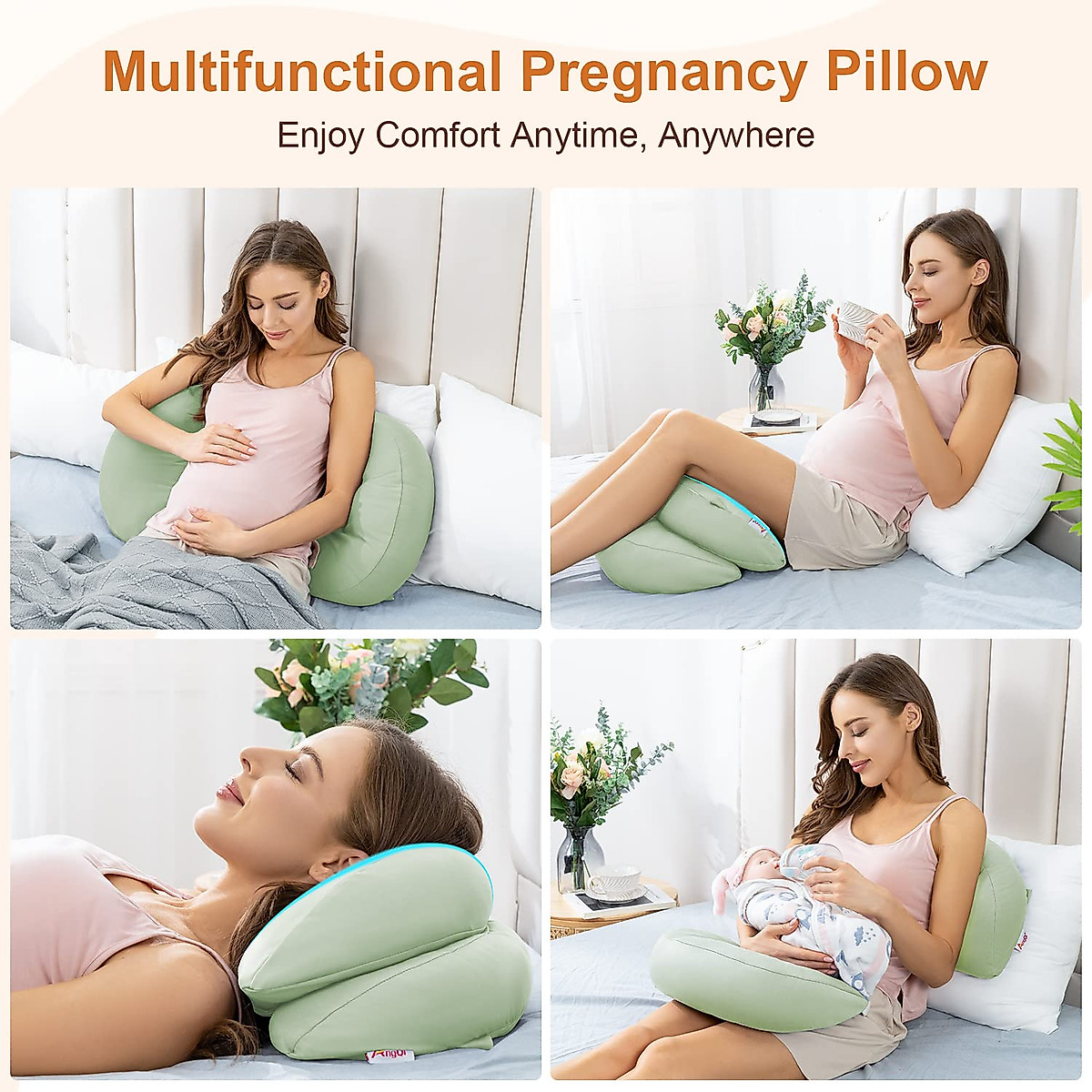 AngQi Pregnancy Pillows for sleeping, Side Sleeper Pregnancy Wedge Pillows, Double Wedge for Body, Belly, Back Support, Maternity Pillow with Removable and Adjustable Cover(Pale Green)