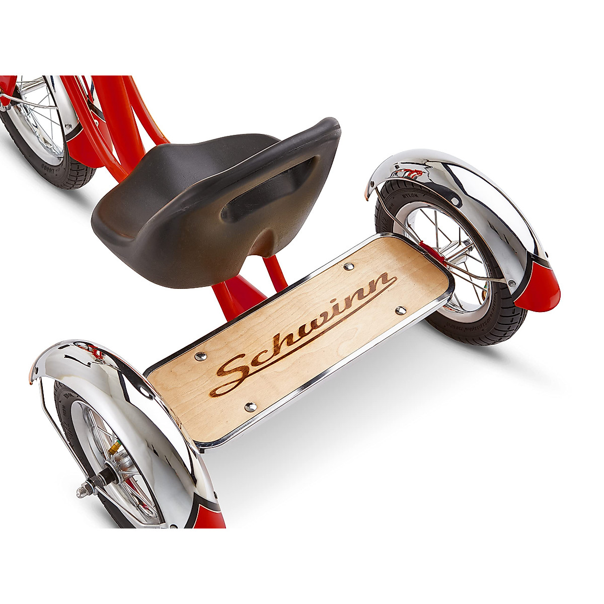 Schwinn Roadster Bike for Toddler, Kids Classic Tricycle, Low Positioned Steel Trike Frame with Bell and Handlebar Tassels, Rear Deck Made of Genuine Wood, for Boys and Girls Ages 2-4 Year Old, Red