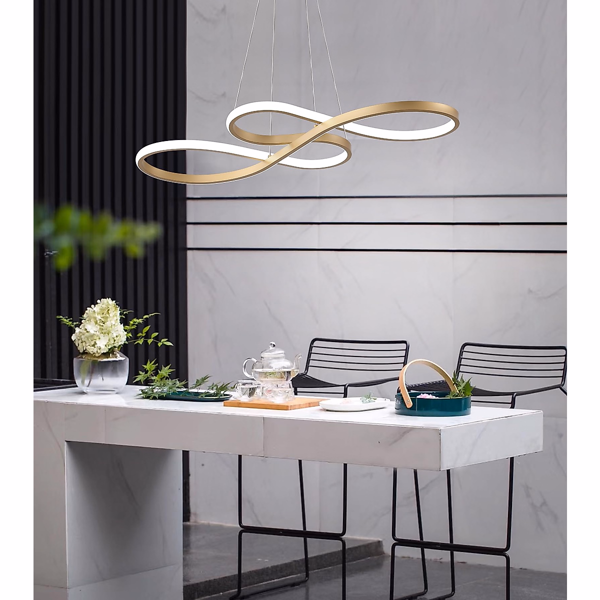 Q&S Modern LED Chandelier Gold Contemporary Light Fixtures Pendant Light Hanging Light for Dining Room Kitchen Island Dimmable Chandeliers with Remote Control 4000K-6000K L30 in