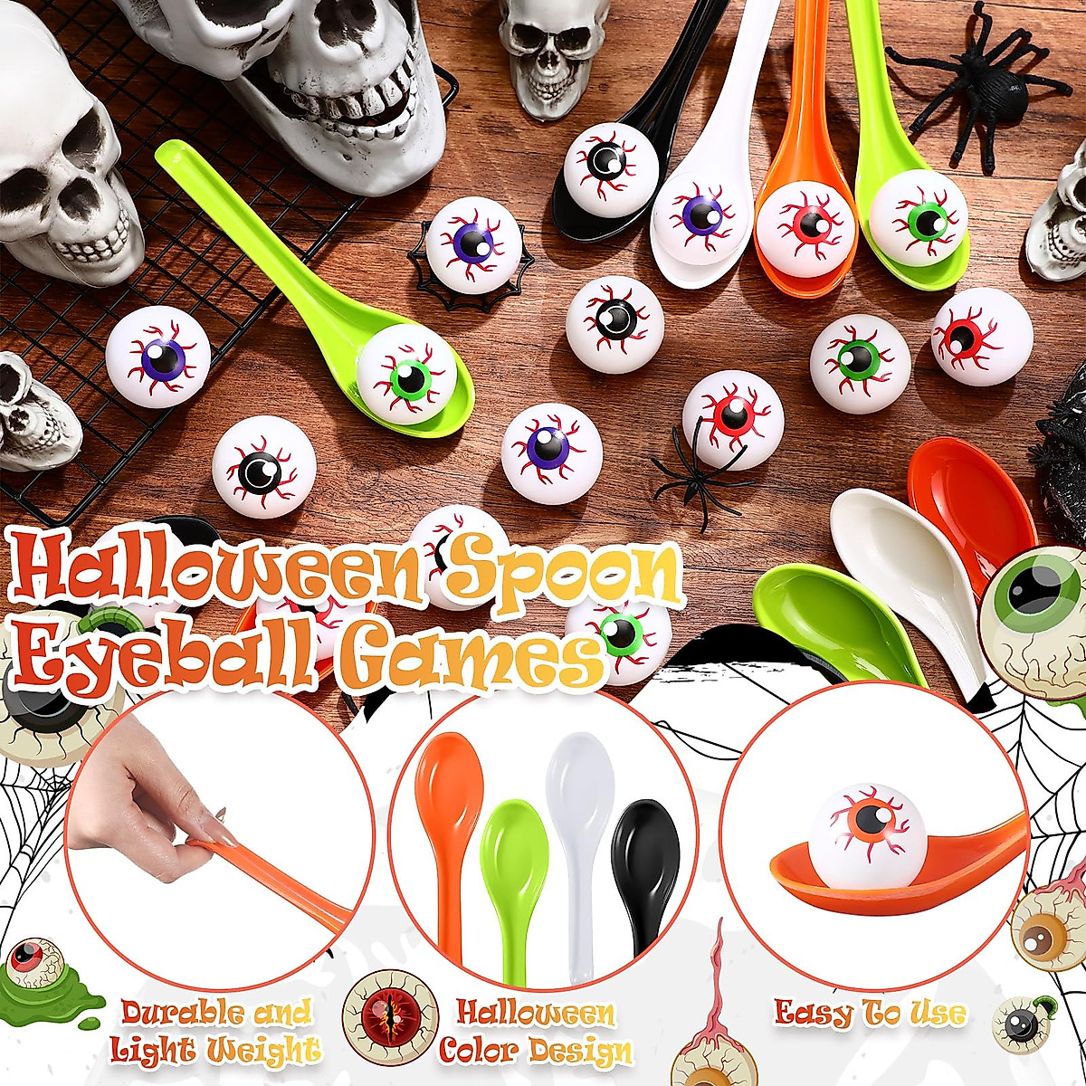 Liliful 24 Pcs Halloween Egg and Spoon Race Game Eyeball Spoon and Spoon Race Game Set for Halloween Party Favor Supplies Adults Indoor Outdoor Classroom Activities(Black, Purple, Red, Green)