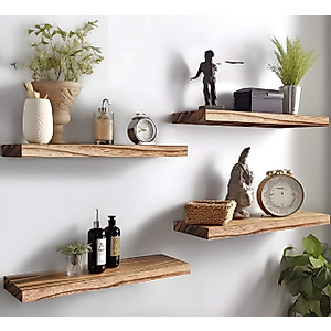 PHPH Wood Floating Shelves for Wall, Wooden Wall Shelves for Bedroom, Set of 6 Light Brown 17 Inch