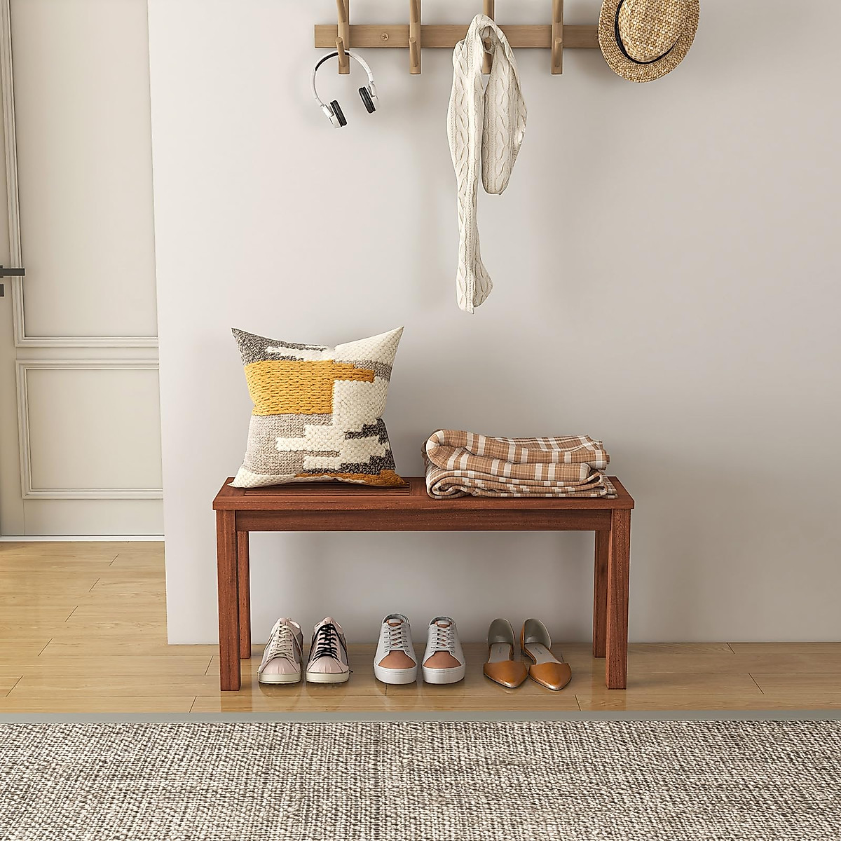 SPORFIT Wooden Outdoor Bench, 2-Seater Backless Garden Bench, Solid Weatherproof Wood Frame for Outdoors, 39.5” Long Slatted Patio Bench for Entryway, Porch, Backyard, Lawn, Natural