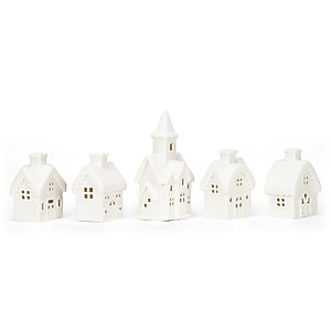 Mark Feldstein & Associates Winter Village with Barn White Unglazed Porcelain Holiday Pre Lit LED Figurines, Set of 11, 5 Inch