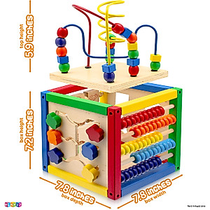 Wooden Activity Play Cube 6 in-1 for Baby with Removable Bead Maze, Shape Sorter, Abacus Counting Beads & Numbers, Sliding Shapes, 8Pcs Stacking Cups – Play22