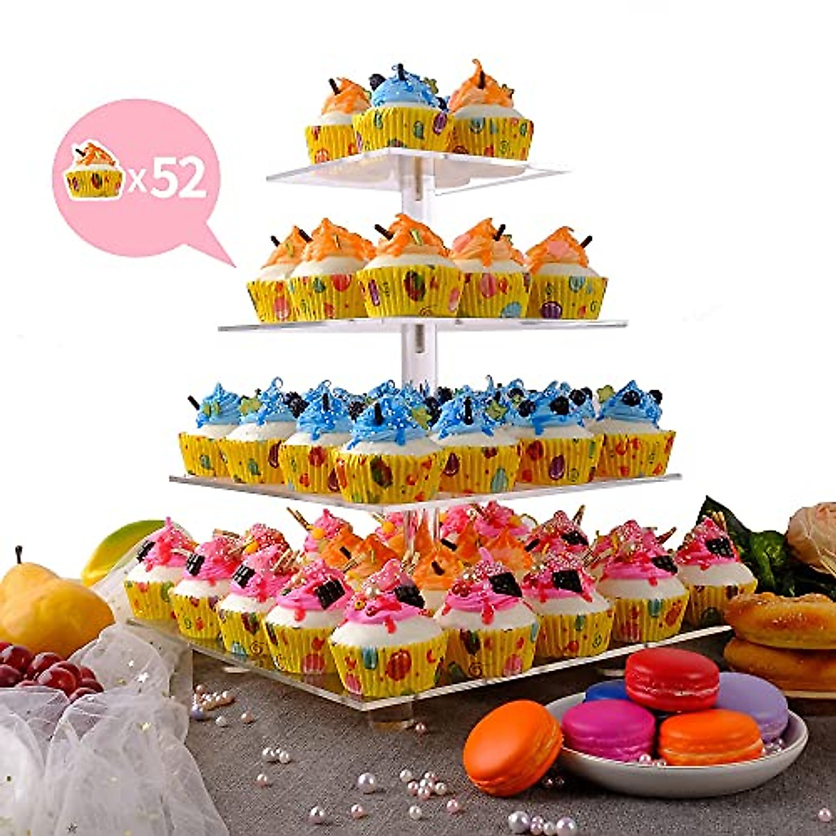 Cupcake Stand, 4 Tier Cupcake Stand for 50 Cupcakes, Square Tiered Cupcake Tower, Clear Acrylic Cupcake Holder, Dessert Stands for Party, Wedding, Birthday, Baby Shower, Halloween