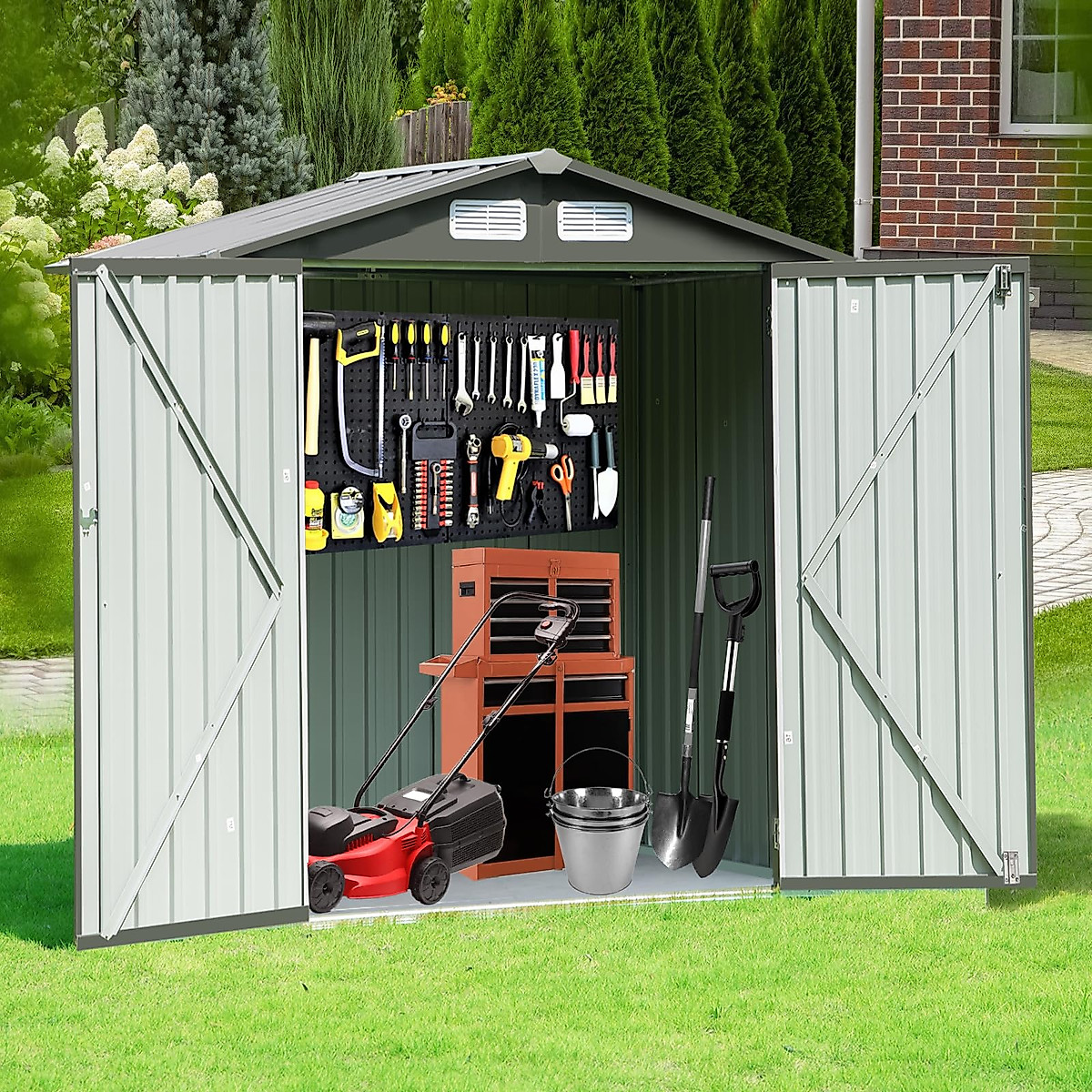 Metal Outdoor Storage Shed 6×4 FT with Double Lockable Doors, Heavy Duty Galvanized Large Garden Shed with Air Vent, Tool Sheds Storage House for Backyard Garden Patio Lawn-Dark Gray