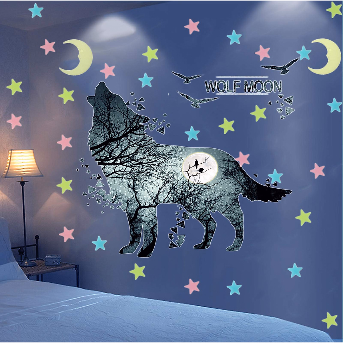 AMODA Funny Dinosaur Wall Decals Removable Boys Nursery Room Wall Art Murals Stickers Creative Dinosaur Story Kids Room Decor-23.6 x 35.4Inch (Dinosaur Story) (Moon Wolf)