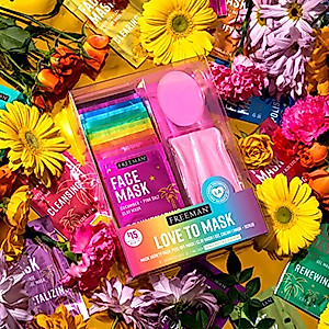 FREEMAN Facial Love To Mask Variety Pack: Oil Absorbing Clay, Detoxifying Charcoal, Clearing Peel Off, Hydrating Gel Cream, Exfoliating Scrub, 14 Piece Kit with Bonus Buffer and Headband