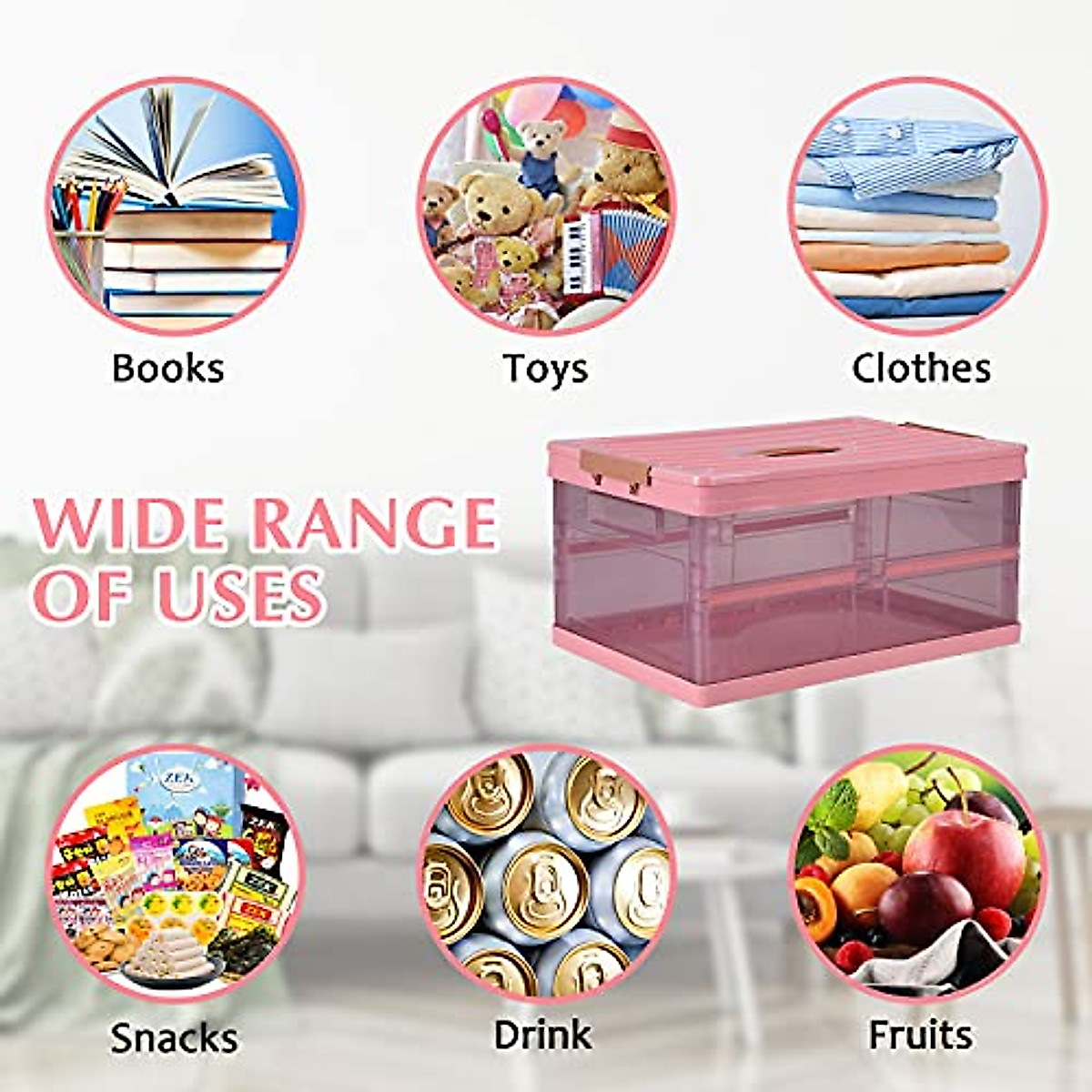 DAPANGYOUNG Collapsible Storage Bins with Lids - Clear Plastic Storage Bin Stackable Latch Storage Boxes with Durable Lid and Secure Latching Buckles For Home Office Car and Travel Organization, Pink