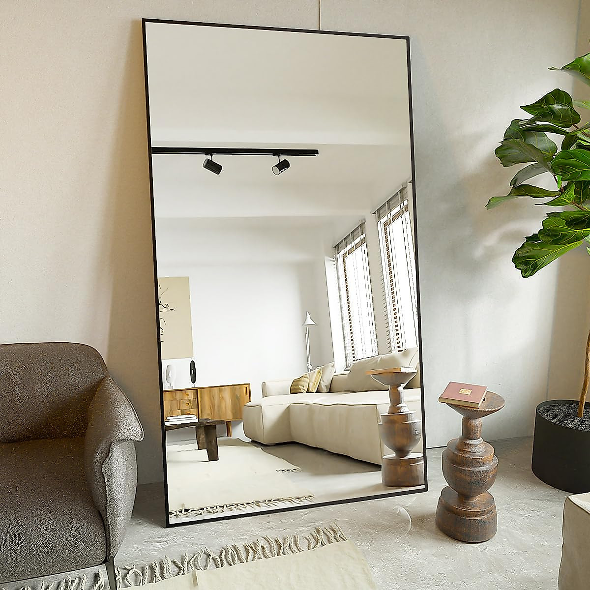 Koonmi Large Mirror Full Length 34"x76", Floor Body Mirror with Stand, Metal Frame Wall-Mounted Vanity Mirror, Hanging Leaning or Standing, Black