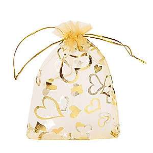 Volanic 100PCS 4X6 Inch Sheer Heart Organza Bags with Drawstring for Christmas Candy Jewelry Party Wedding Favor Gift Bag