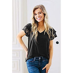 FREEOAK Summer Tops Double Lace Sleeve Shirts for Women V Neck Loose Casual Tee Tunics Black Tops for Women Black L
