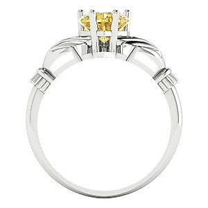 1.55ct Heart Cut Irish Celtic Claddagh Natural Yellow Citrine Engagement Promise Anniversary Bridal Ring 18K White Gold 5.25