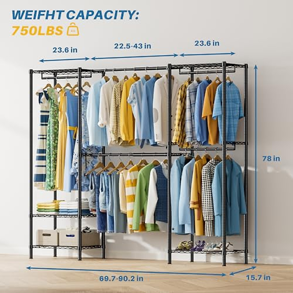 HEMTEN K1 Heavy Duty Clothes Rack Closet, 5 Tiers Adjustable Metal Freestanding Expandable Clothing Storage with 5 Hanger Rods, Easy to Assemble Wardrobe, 78" H x (69.7" - 90") L x 15.7" D, Black