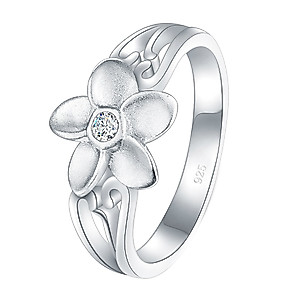 BORUO 925 Sterling Silver Ring, Plumeria Cubic Zirconia CZ Hawaiian Flower Comfort Fit Wedding Band Ring Size 9