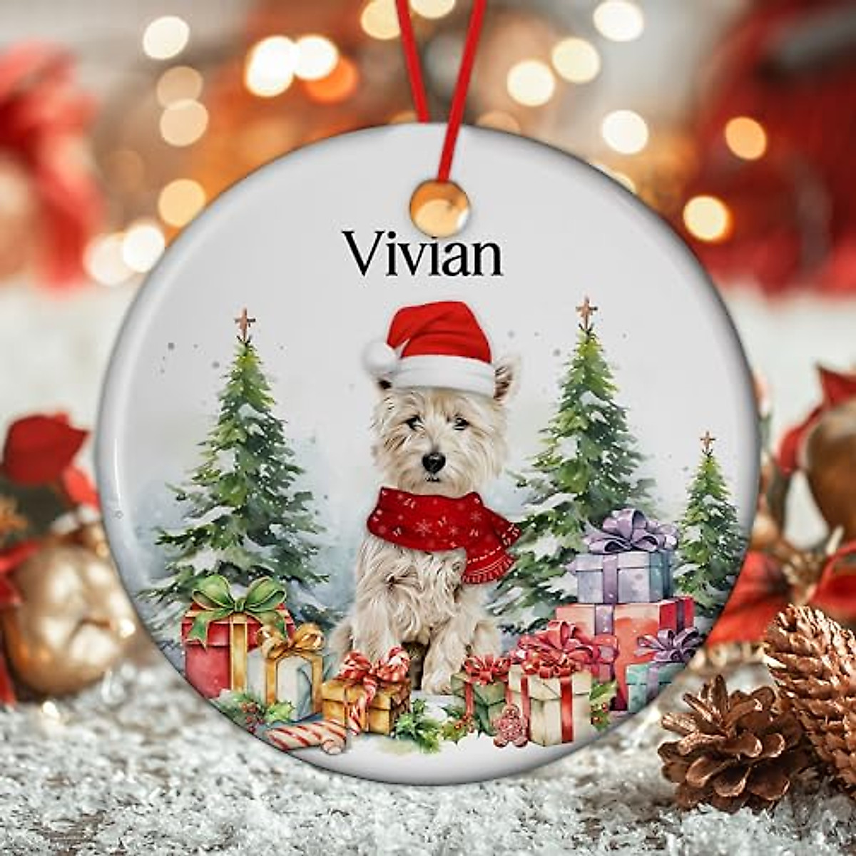 Dog Christmas Ornaments Personalized West Highland White Terrier Round Shaped Ceramic 3 Inch Present for Pet Lover Family Friends Custom Dogs with Santa Hat Decor Xmas Tree Home Party Pendant Gift
