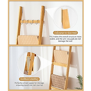 Cozivolife Blanket Ladder 6-Tier,Bamboo Towel Rack with 2 Anti-Tip Straps and 4 Hooks,Ladder Shelf Easy Assembly,Wall-Leaning Blanket Rack,Rustic Decorative Farmhouse Storage (Natural)