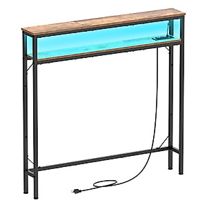 Tohomeor 5.9" Narrow Console Sofa Table with Power Outlets Led Light Sofa Skinny Behind Couch Table with Shelves Metal Frame and Charge Station (1, Rustic Brown)