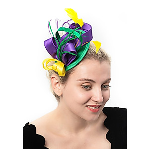 FELIZHOUSE Mardi Gras Fascinator Hats for Women Ladies Feather Cocktail Party Hats Bridal Headpieces Ascot Fascinator Headband (Satin Mardi Gras)