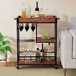 Fleecy day Wine Serving Bar Cart 3 Tier Home Rolling Rack with Wheels Mobile Kitchen Serving Cart,Industrial Vintage Style Wood Metal Serving Trolley Glass Holder Bar Cabinet