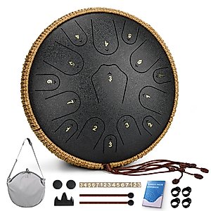 14 Inch 15 Note Steel Tongue Drum Qingshi Percussion Instrument Hand Pan Drum with Drum Mallets Carry Bag，Used for music education concert spiritual healing yoga meditation (14 Inch 15 Note-Green)