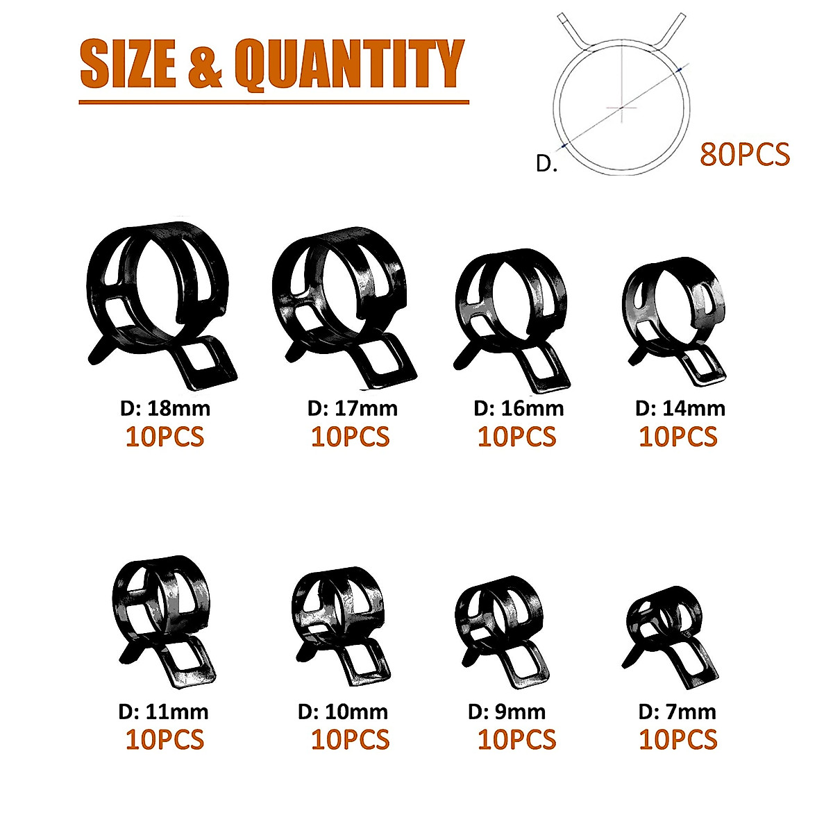 ISPINNER 80pcs Spring Band Type Fuel/Silicone Vacuum Hose Pipe Clamp, 7mm-18mm Low Pressure Air Clip Clamp 7mm 9mm 10mm 11mm 14mm 16mm 17mm 18mm (Black)