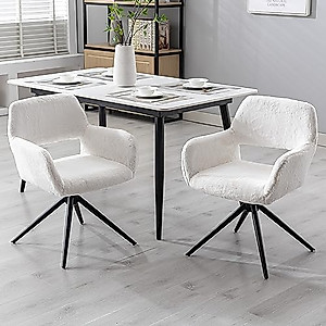 ABET Fluffy Desk Chairs Set of 2, Modern Swivel Accent Home Office Chair No Wheels, Hollow Back & Metal Legs, Faux Fur Vanity Chair for Teen Girls Women Side Armchair for Bedroom Living Room White