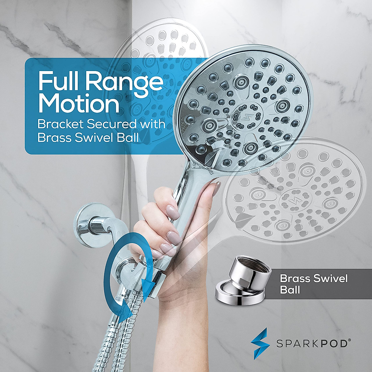 SparkPod 6 Spray Setting High Pressure Hand Held Shower Head - 6" Wide Angle Handheld Shower Head Set with Brass Swivel Ball Bracket and 70 Inch Long Hose - Luxury Design (Luxury Polished Chrome)