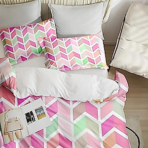 Duvet Cover King Size, Rainbow Colorful Geometric Pink Bedding Set with Zipper Closure for Kids and Adults, Zig Zag Modern Comforter Cover with 2 Pillow Shams for Bedroom Bed Decor