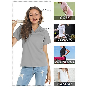 TACVASEN Women's Golf Shirts V Neck Short Sleeve Collarless Active Exercise Tops, Light Grey, L