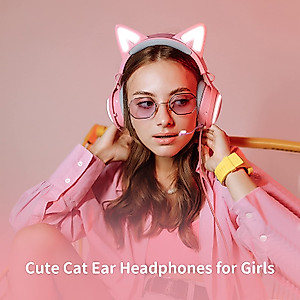 EASARS Cat Ear Headset, Pink Gaming Headset with Retractable Mic, 7.1 Surround Sound, RGB Lighting, Wired Headset for PC, PS4, PS5
