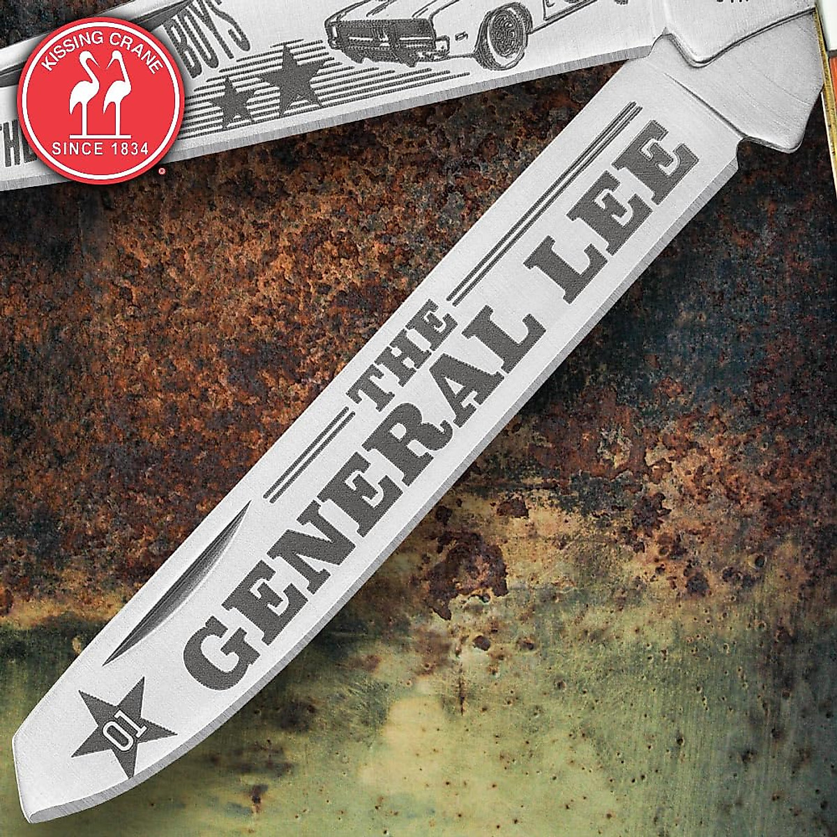 KISSING CRANE General Lee Trapper Pocket Knife | Dukes of Hazard Collectible | 440 Stainless Steel Blades | Laser Etched | Closed Length 4"