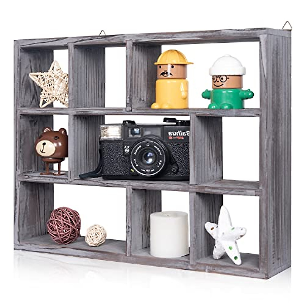 bluegift Shadow Box Display Shelf 9-Slot Rustic Wood Wall Mountable & Freestanding Shelf for Table or Desk, Torched Brown
