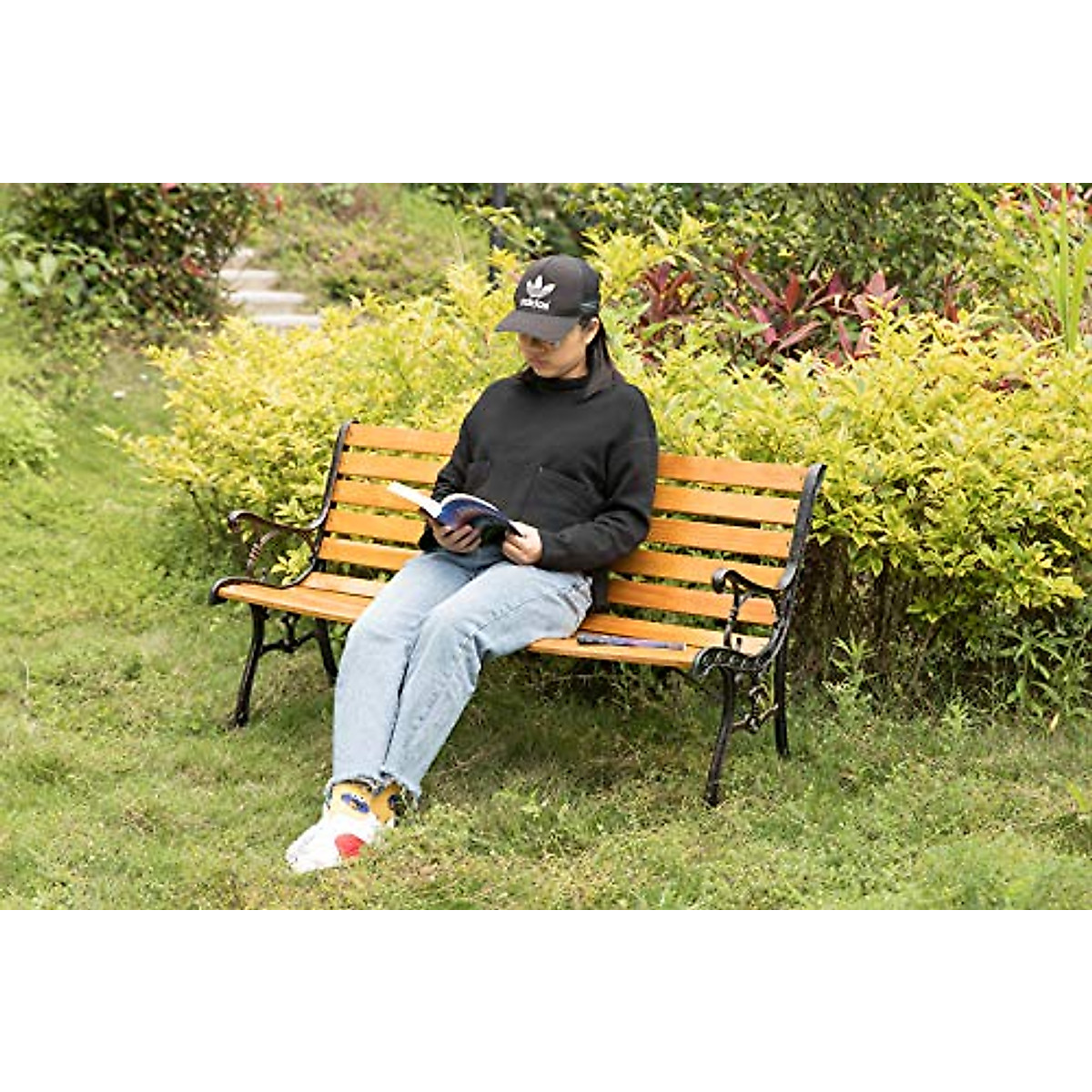 Gardenised Wooden Outdoor Park Patio Garden Yard Bench with Designed Steel Armrest and Legs, Black