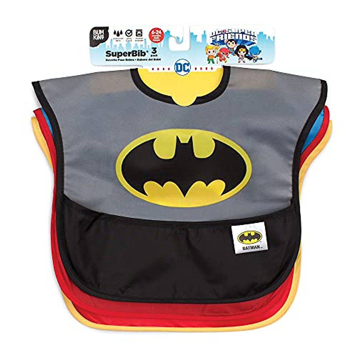 Bumkins DC Comics, Batman, Superman, The Flash, SuperBib, Baby Bib, Waterproof, Washable, Stain and Odor Resistant, 6-24 Months (Pack of 3)