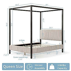 HOMES: Inside + Out Evadne Modern Canopy Bed Frame Queen Size with Channel Upholstered Headboard and Wooden Slats Support for Bedroom, Guest Room, No Box Spring Needed, Light Brown