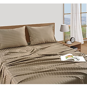 100% Egyption Cotton Cal King Solid Sheet Set & Striped Sheets Set of 2 Combo- 800 Thread Count Sateen Weave Cal KIng Size Solid Sheets & Striped Sheets, Deep Pocket Cotton Bedsheets - Taupe