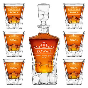 Maverton Personalized Whiskey Decanter and 6 glasses for man - Elegant Whiskey set with engraving - Ice cubes model - Stylish barware for birthday - For whisky connoisseurs - JUICE