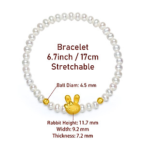 ZHOU LIU FU 24K Solid Gold Bracelets for Women, Stretchable Real Gold Rabbit Freshwater Pearl Bangle Charm Bracelets, Pure Gold White Pearls Bunny Bracelet