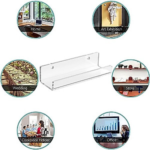 UEMIS Clear Floating Shelf Rack, 6 Pcs Record Wall Mount, Acrylic Wall Ledge Shelves with Screws and Tape,Floating Acrylic Bathroom Shelves, Acrylic Wall Mount Shelf for Store Home Office Apartment.